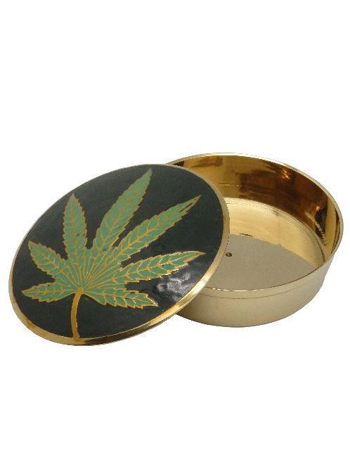 BRASS FLAT POWDER POT - LEAF 12cm - Agung Trading Australasia